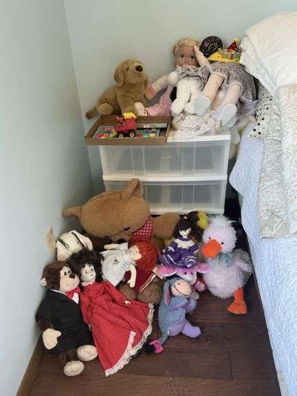 Plastic storage drawers, (missing one), dolls - Legacy Auction Company