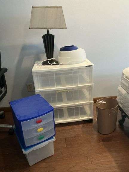 Storage containers, waste baskets, table lamp and - Legacy Auction Company