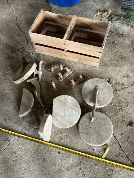 Cast-iron swivel bar seating and crate - Legacy Auction Company