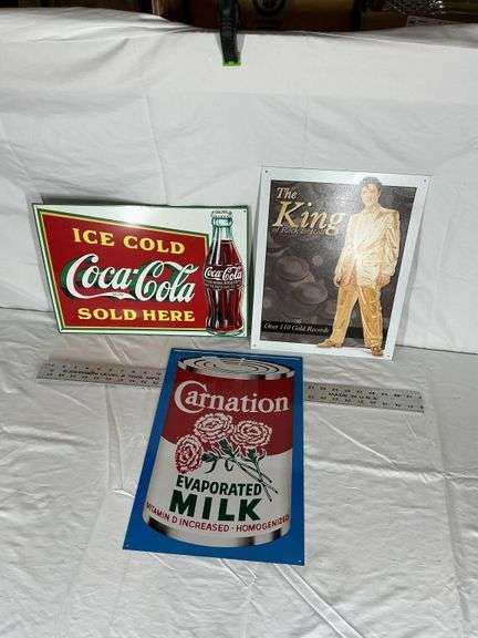 Metal Elvis/Coca-Cola/Carnation signs - Legacy Auction Company