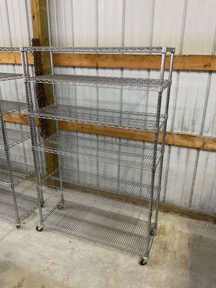 Chrome shelving unit on casters, 4'x 76"x 18" - Legacy Auction Company