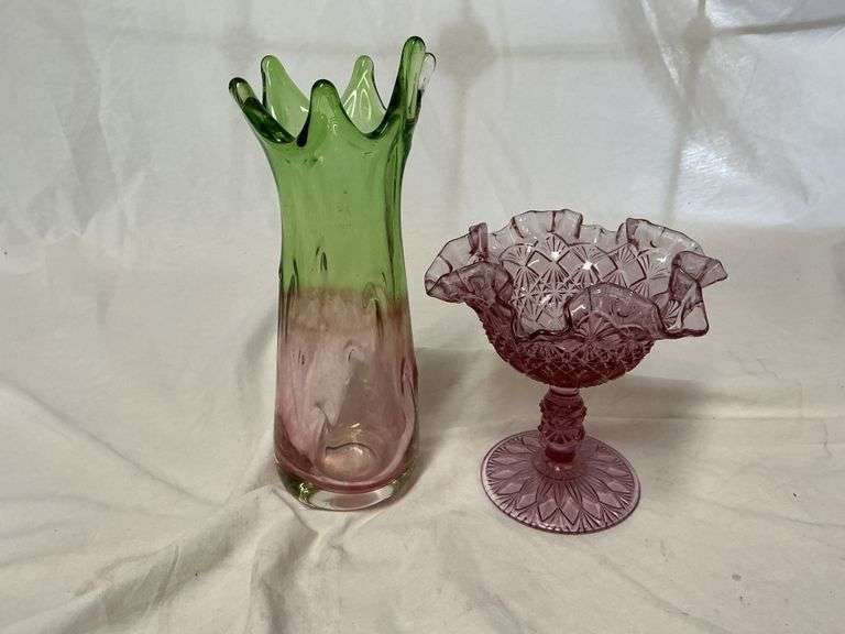 Watermelon pink vase, lavender compote - Legacy Auction Company