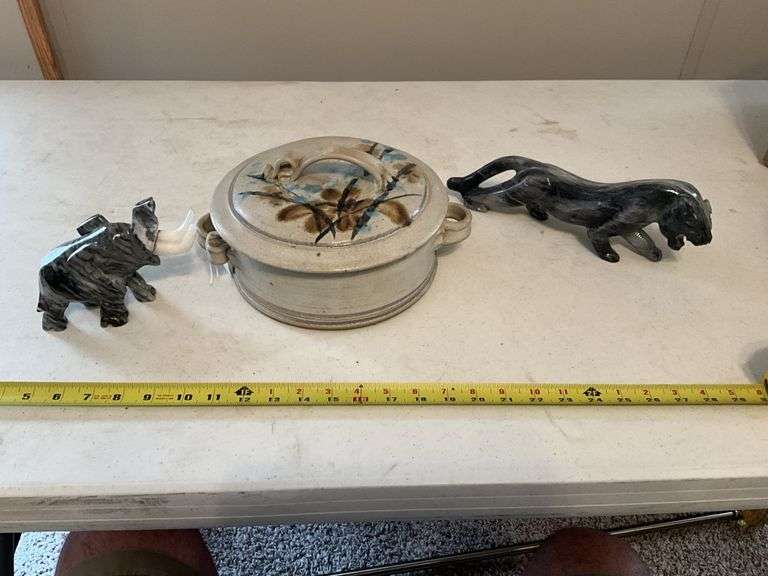 Pottery covered dish and slag elephant and - Legacy Auction Company