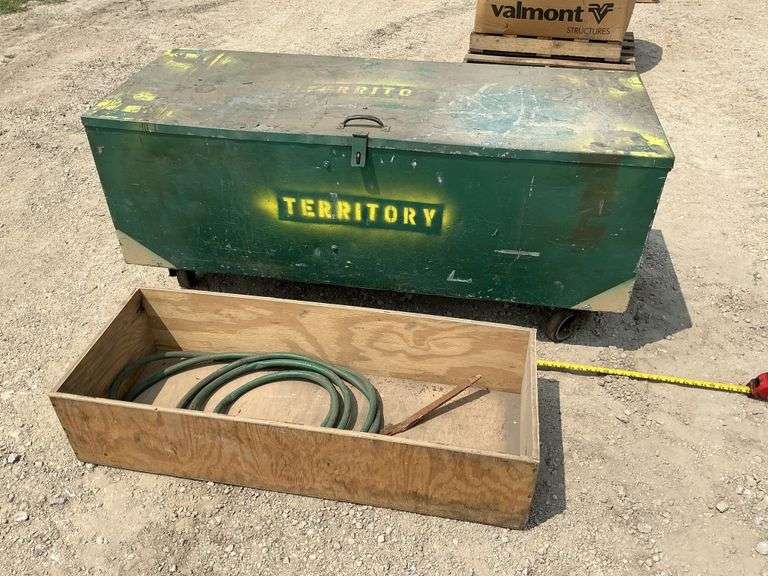 Metal storage box on casters and wooden box - Legacy Auction Company