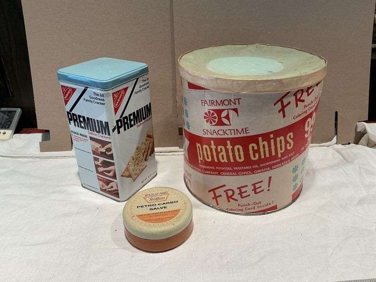 Potato chip container, cracker and salve tins - Legacy Auction Company
