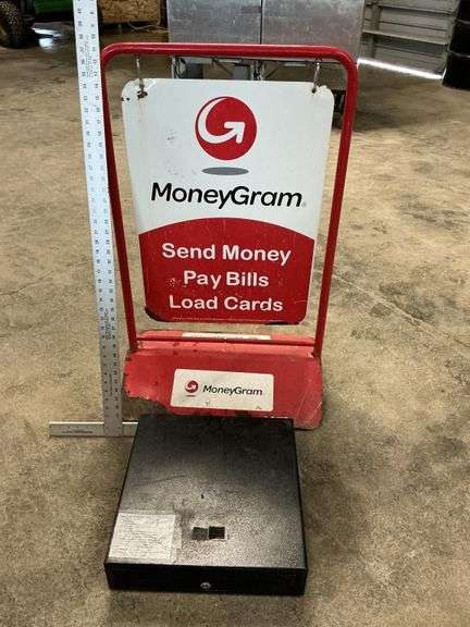 MoneyGram sign and cashbox, no key. - Legacy Auction Company