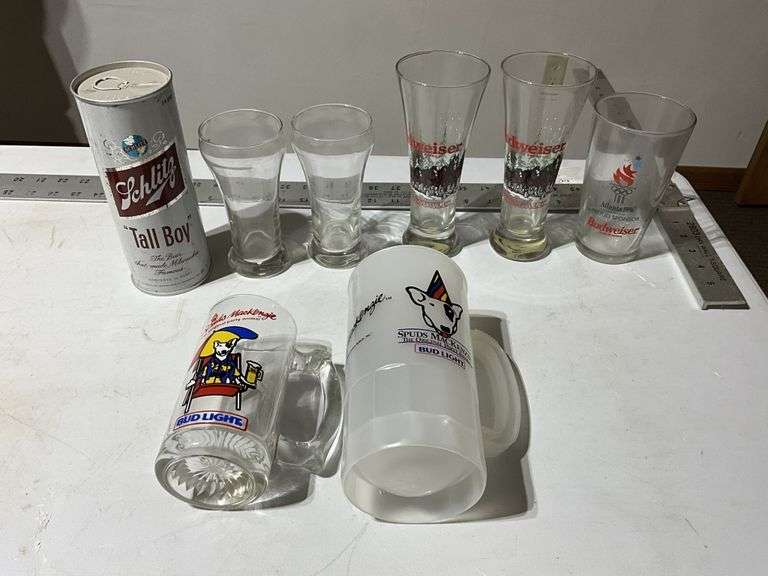 Budweiser beer glasses, Schlitz tall boy beer - Legacy Auction Company