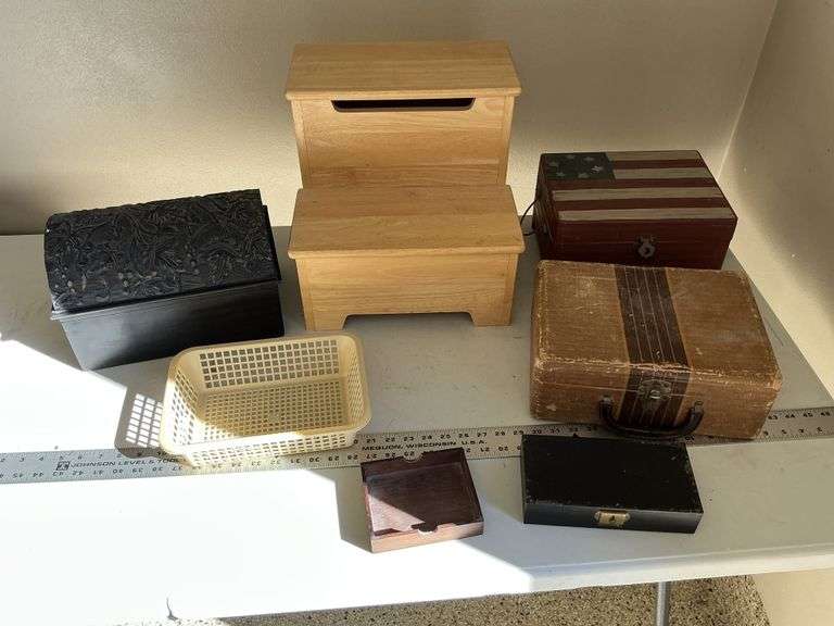 Decorative storage boxes and step stool - Legacy Auction Company