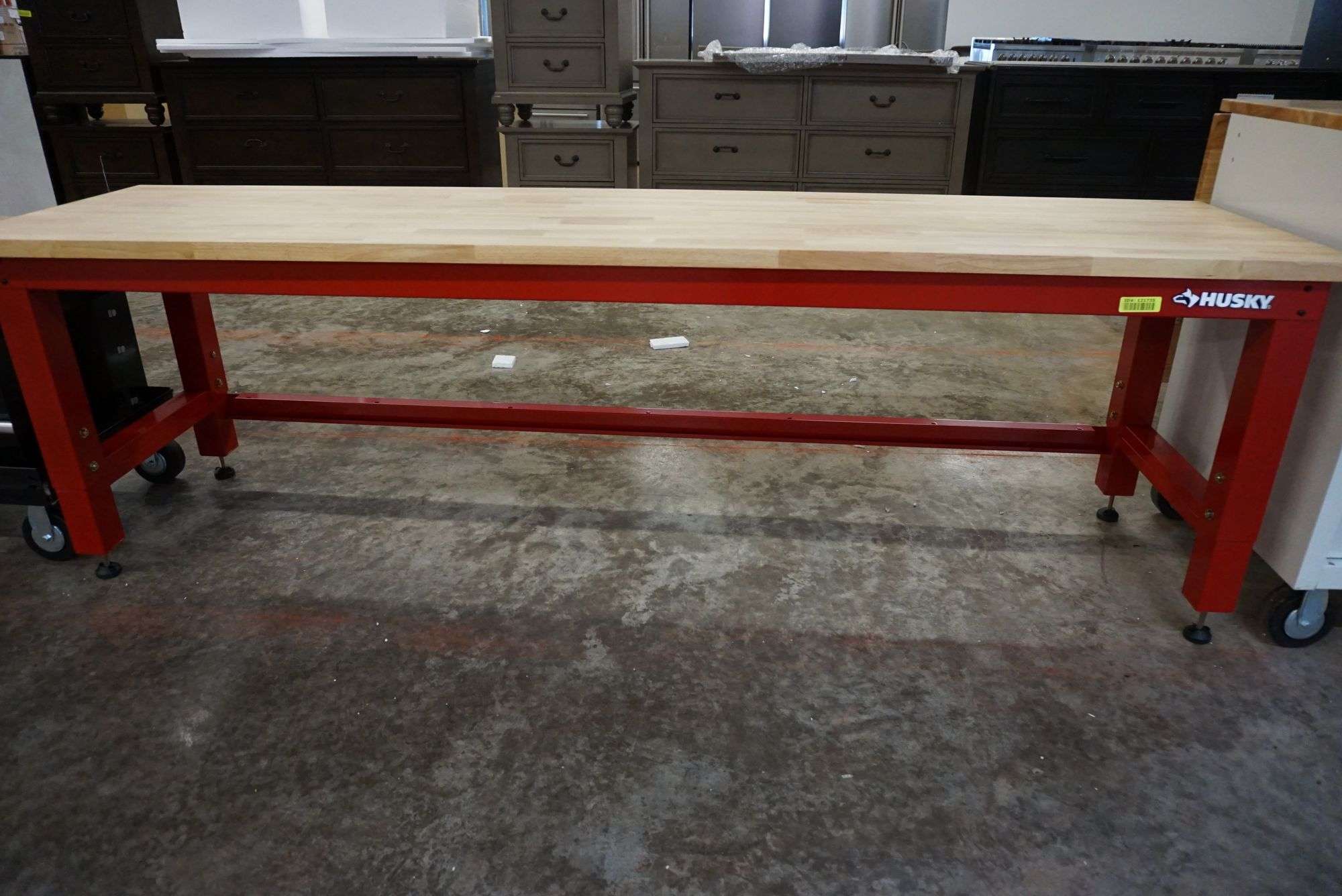Husky 8 ft. Adjustable Height Solid Wood Top Workbench in Red Assembled Lambrecht Auction Inc