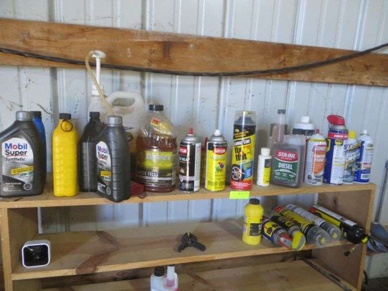 Shelf w/ Assorted Oils, Diesel Treatment, Starting Flued etc ...