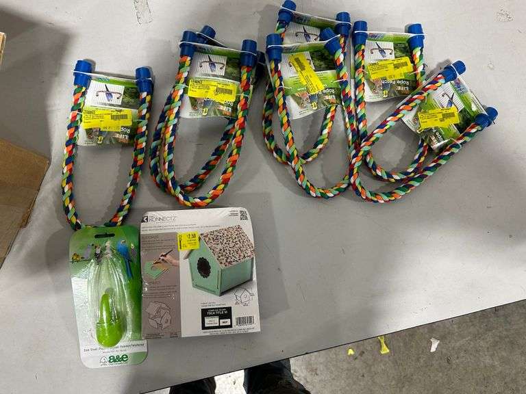 Seven Bird Rope Perches, And Bullet Feeder - Lambrecht Auction, Inc.