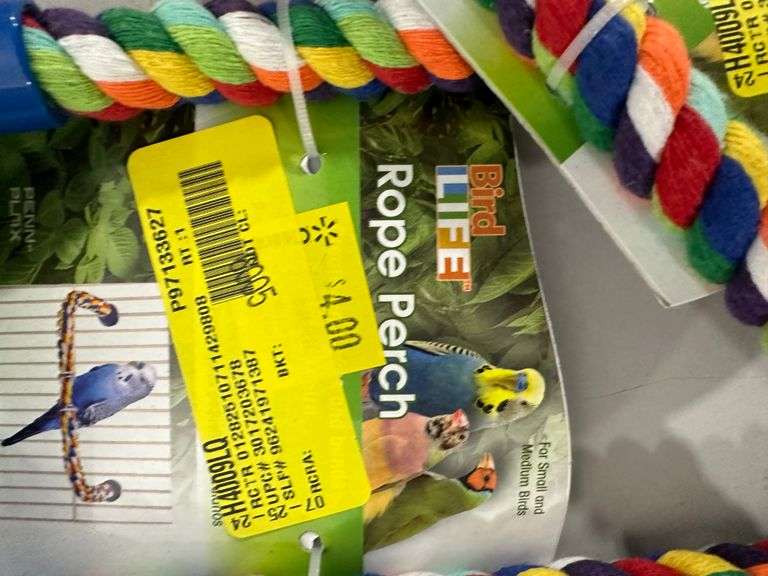 Seven Bird Rope Perches, And Bullet Feeder - Lambrecht Auction, Inc.