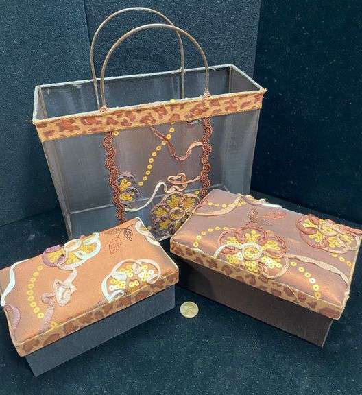 Fine Mesh Basket + 2 Fabric Wrapped Boxes - Lambrecht Auction, Inc.