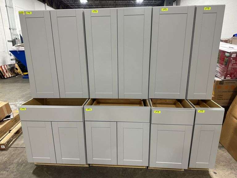Hampton Bay Shaker Assembled Kitchen Cabinet in Dove Gray 8 Piece Set - Lambrecht Auction, Inc.