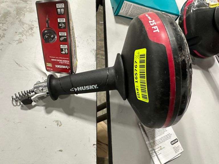 Husky 1/4 in. x 25 ft. Drill Drain Snake Power Drum Auger 2x ...