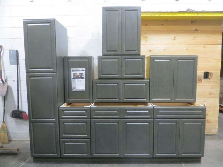 New Castle Gray Kitchen Cabinet Set 16' - Lambrecht Auction, Inc.