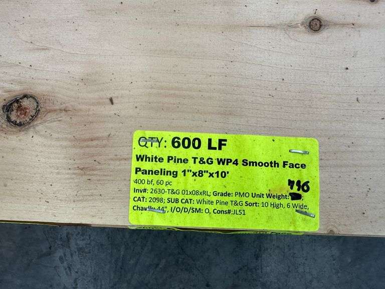 White Pine T&G WP4 Smooth Face Paneling 1"x8"x10' - Lambrecht Auction, Inc.