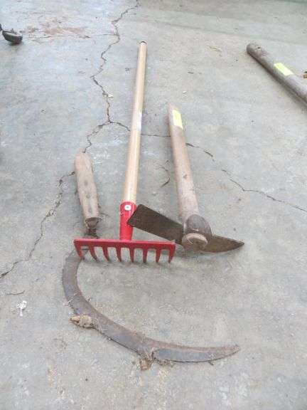 Corn Sickle, Small Mattock, Child's Rake - Lambrecht Auction, Inc.