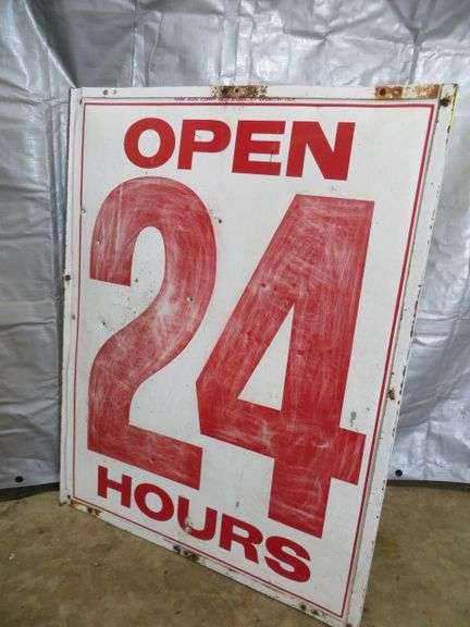 "Open 24 Hours" Sign - Metal - Lambrecht Auction, Inc.
