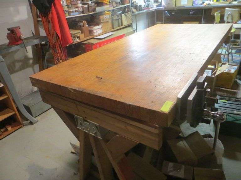 Butcher Block Top w/ Wood Vise & Homemade Base - Lambrecht Auction, Inc.