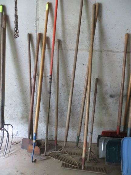 Four Garden Rakes, 3 Scrapers & 3 Hoes - Lambrecht Auction, Inc.