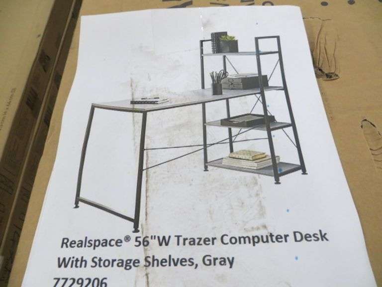 Realspace 56" Trazer Computer Desk w/ Storage Shelves Grey Unassembled ...