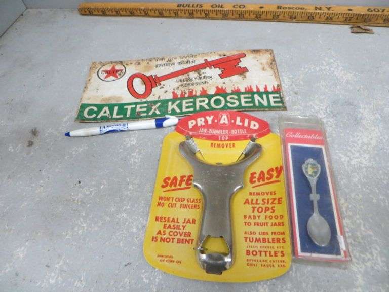 "Pry-A- Lid" Top Remover, Collectable Spoon, & Caltex Kerosene Sign ...