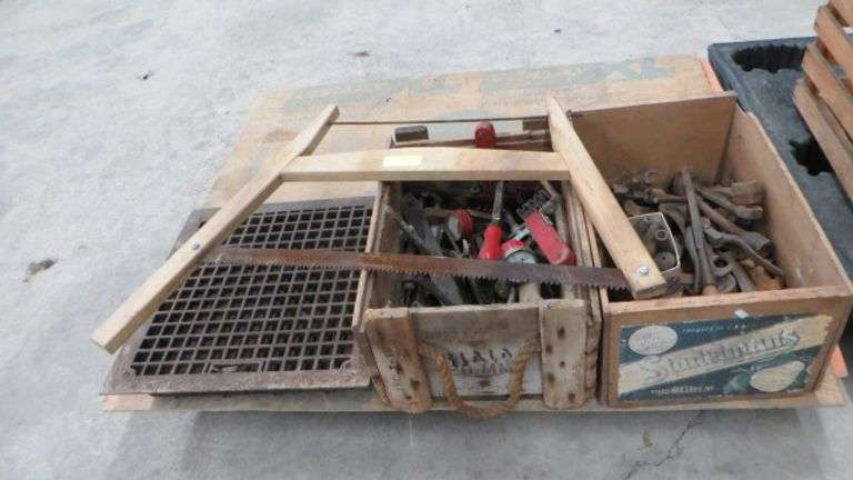 Old Tools - 2 Boxes, Register & Buck Saw - Lambrecht Auction, Inc.