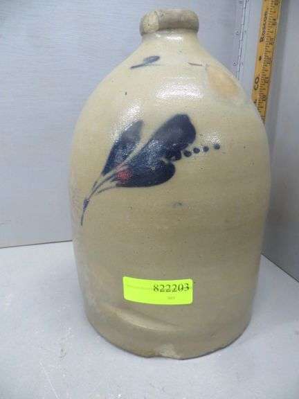 2-Gallon Jug w/ Design - chip on spout & base - Lambrecht Auction, Inc.