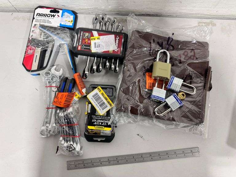 6'x8' Tarp, Locks, Metal Ruler, Arrow Stapler, Husky Ratchet Set, Husky ...