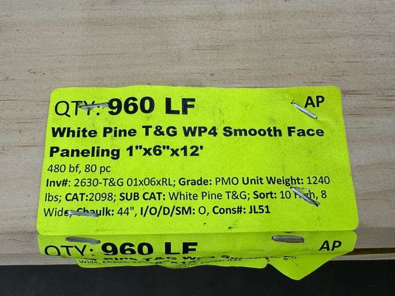 White Pine T&G WP4 Smooth Face Paneling 1"x6"x12' - Lambrecht Auction, Inc.
