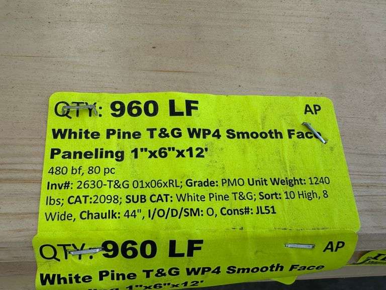 White Pine T&G WP4 Smooth Face Paneling 1"x6"x12' - Lambrecht Auction, Inc.