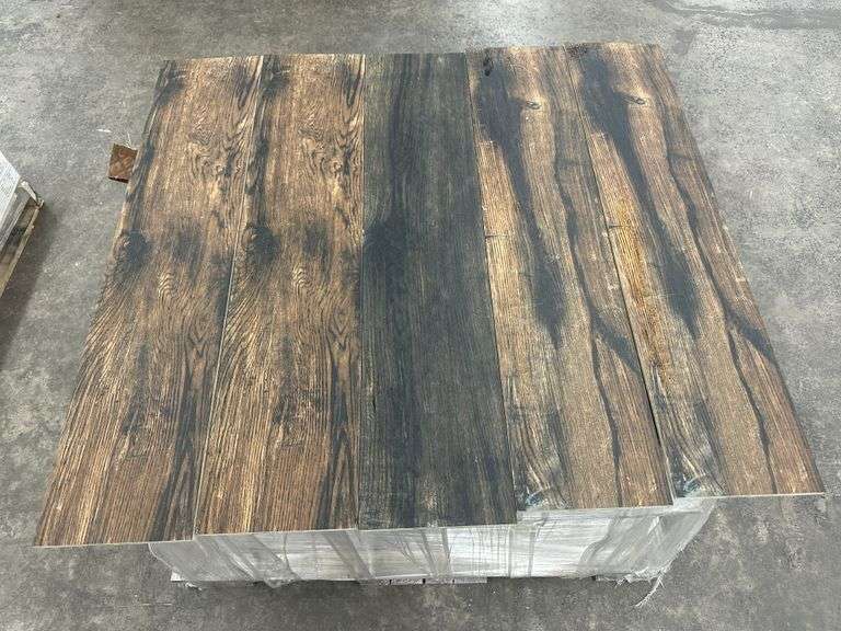 Smoked Hickory Wood Look Porcelain Tile 8"x36" - Lambrecht Auction, Inc.
