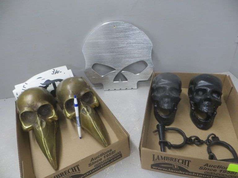 Heavy Aluminum Skulls, Handcuffs, Brass Bird Skulls - Lambrecht Auction ...