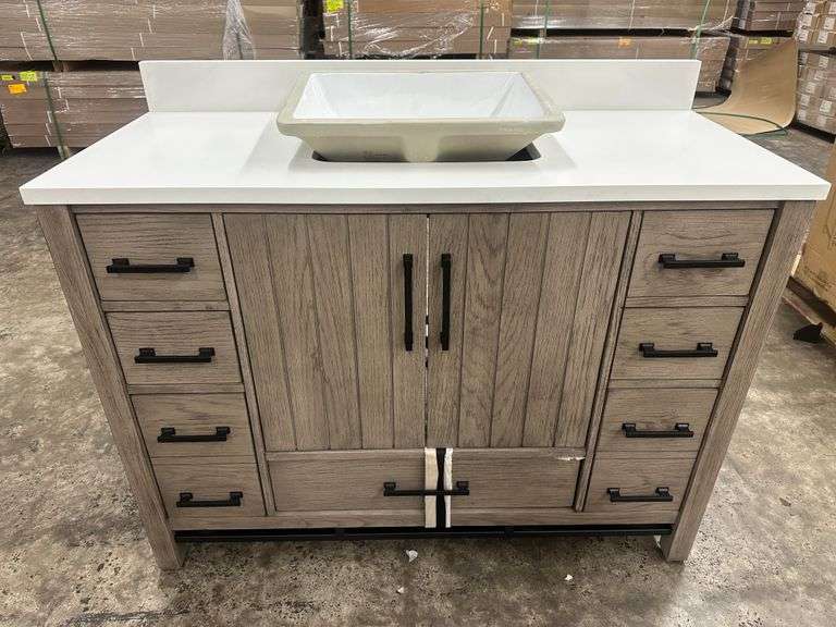 Rustic Taupe Oak 48" Single Basin Vanity Kit - Lambrecht Auction, Inc.