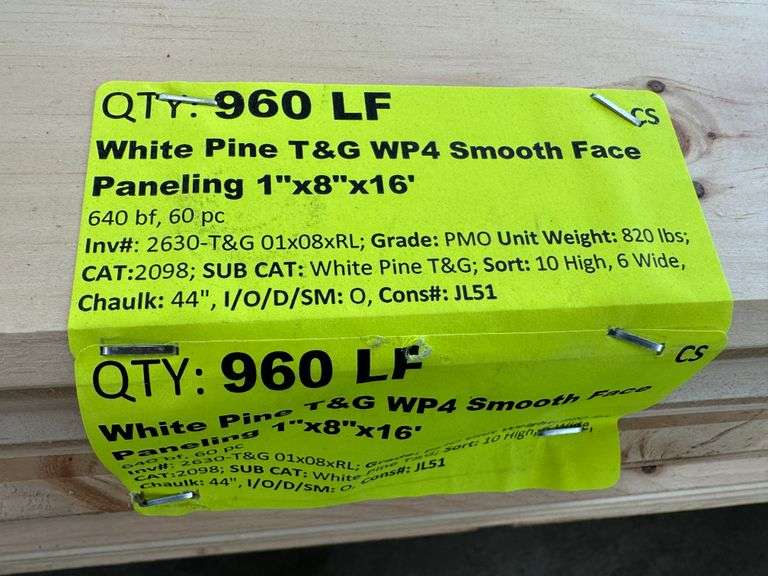 White Pine T&G WP4 Smooth Face Paneling 1"x8"x16' - Lambrecht Auction, Inc.