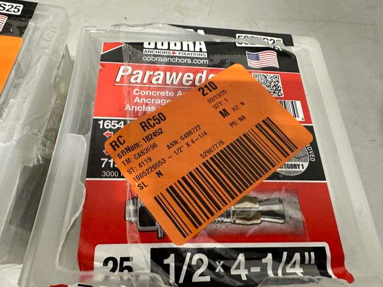 Cobra Anchors Carbon Steel Stainless Still Wedge Hex Head - Lambrecht Auction, Inc.