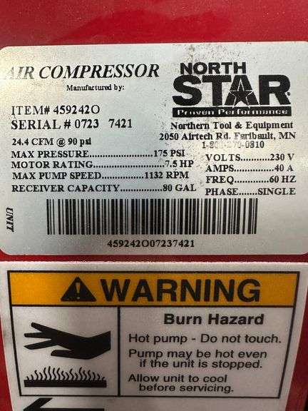 North Star 80 Gal 7.5 Hp Air Compressor - Lambrecht Auction, Inc.