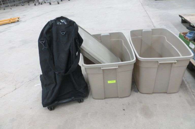 Two Plastic 31gal. Totes & Rolling Garment Bag - Lambrecht Auction, Inc.
