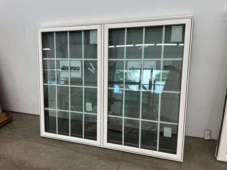 White/ Wood Look Composite Twin Unit 16-Lite Casement Window 71.625"x57.5" - Lambrecht Auction, Inc.