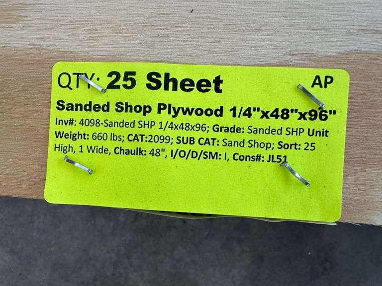 Sanded Shop Plywood 1/4"x48"x96" - Lambrecht Auction, Inc.