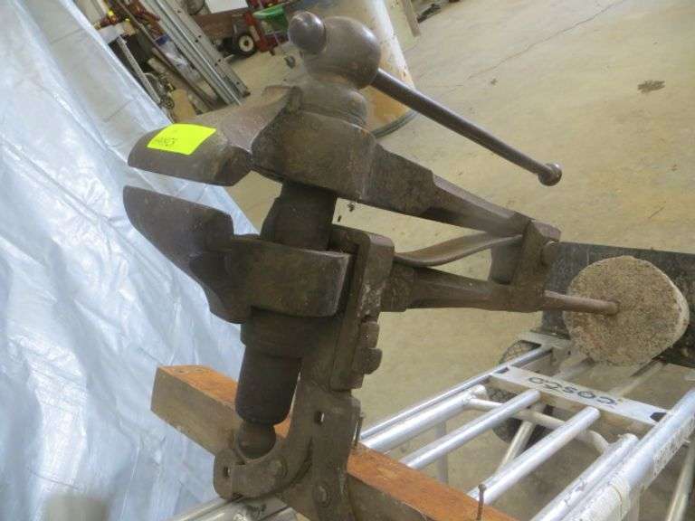 Blacksmith Leg Vise w/ Poured Concrete "Foot" - Lambrecht Auction, Inc.