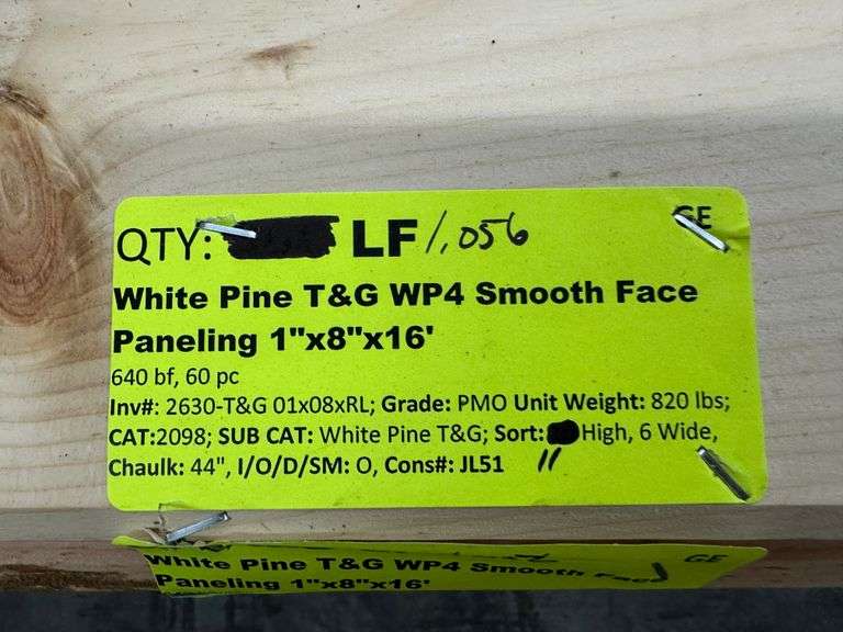 White Pine T&G WP4 Smooth Face Paneling 1" x8"x16' - Lambrecht Auction ...