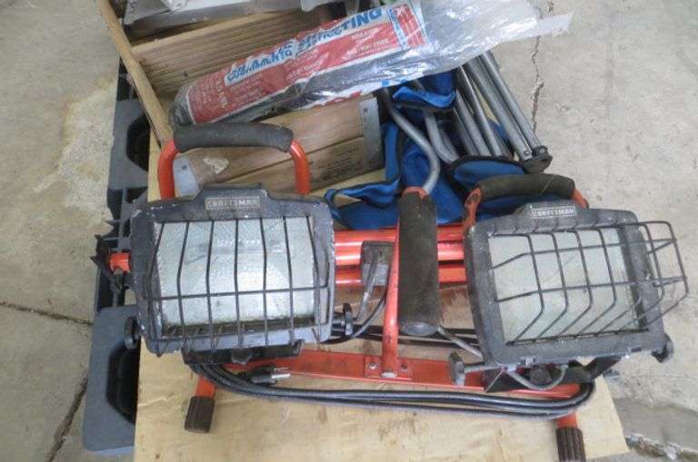Pallet of Work Lights, Plastic Sheeting, Ladder Stabilizer, Etc ...