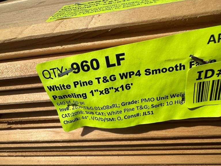 White Pine T&G WP4 Smooth Face Paneling 1" x8"x16' - Lambrecht Auction ...
