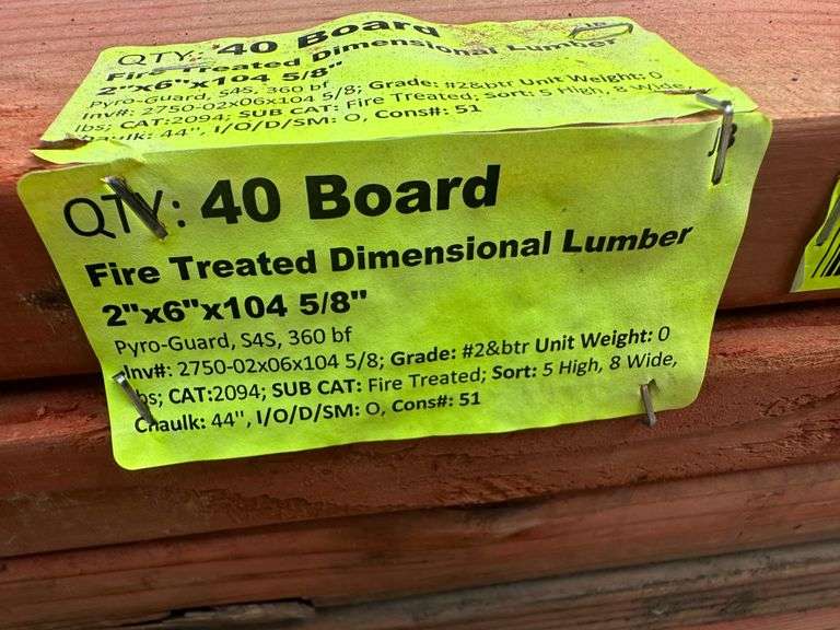 Fire Treated Dimensional Lumber 2"x6"x104 5/8" - Lambrecht Auction, Inc.