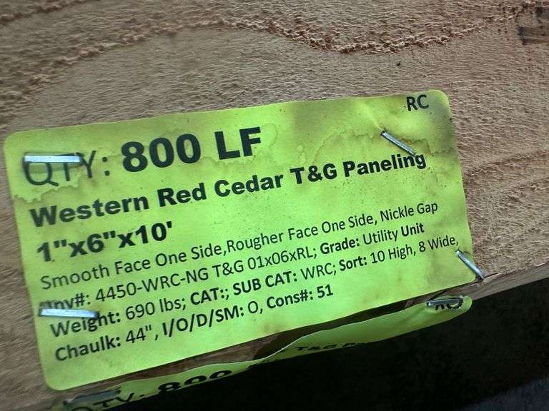 Western Red Cedar T&G Paneling 1"x6"x10' - Lambrecht Auction, Inc.
