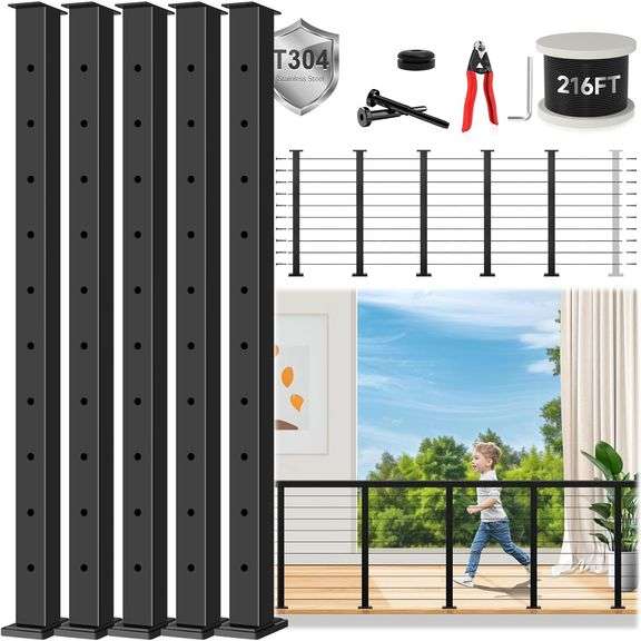36" One-Stop Black T304 Cable Railing Posts Kit(Flexible DIY), Include ...