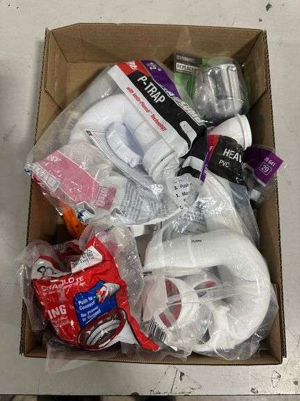 Box of assorted plumbing items - Lambrecht Auction, Inc.