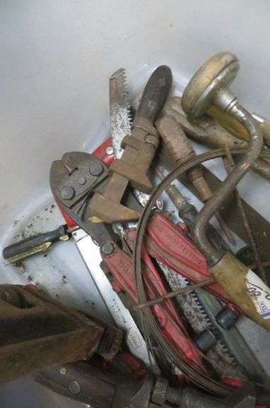 Tub w/ Assorted Pipe Wrenches, Monkey Wrenches, Bolt Cutters & other Old Tools - Lambrecht ...